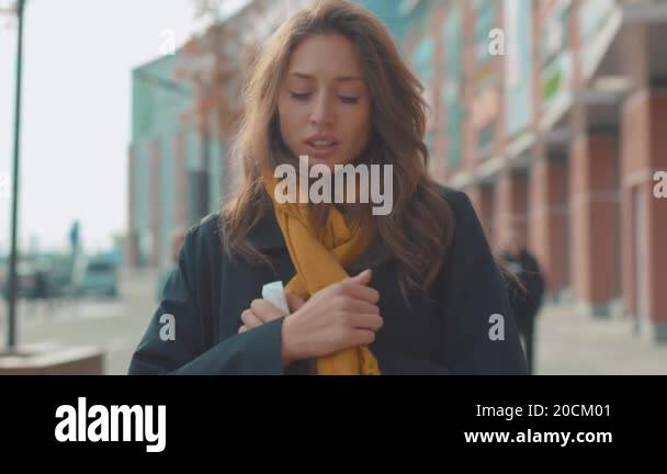 Sick young woman stand sneezing coughs feel sick at outdoor fever cold ...