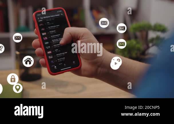 NEW YORK - 5 March, 2020: Close up of man using smartphone vlogger influencer white animation ...