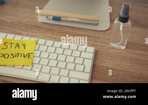 Freelancer home office desktop table. Close-up keyboard with Stay ...