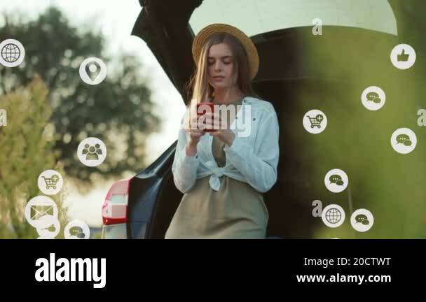 Happy inspired young woman fashion influencer travel girl using mobile ...