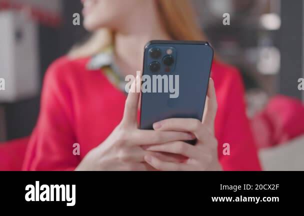 Hand young woman using mobile phone. Communication internet technology ...