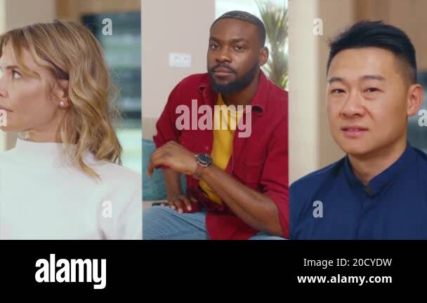 Close up portrait multiethnic man and women look at camera smiling in ...