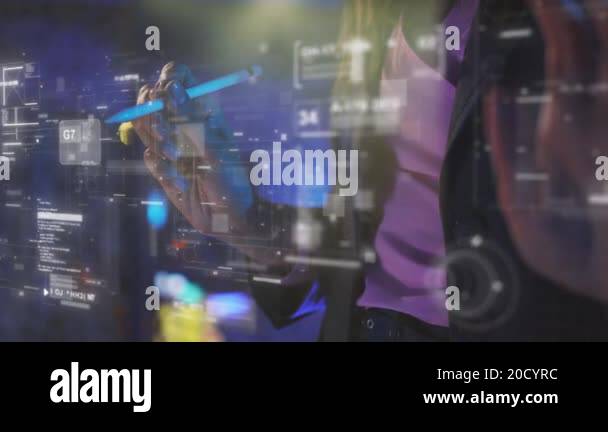 Woman s Hand Touch Screen Augmented Reality Engineer and Business Charts. Graphical User ...