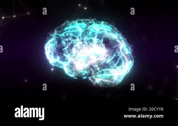 Close-up of Flying Inside Digital Brain. Electrical impulses inside ...