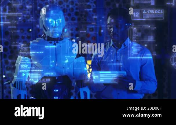 Couple of African Office Manager Trader Cooperating with Cybernetic ...