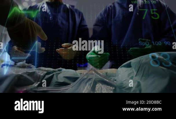 Medical team performing surgery with vital signs monitoring animation ...