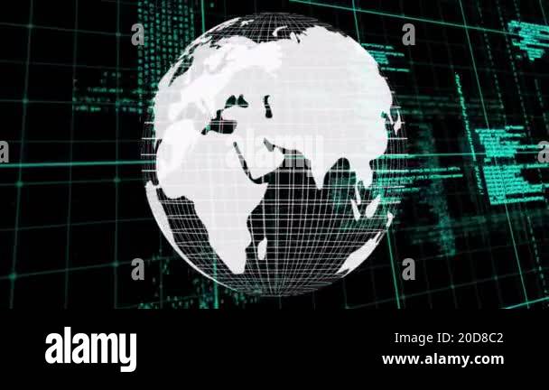 Rotating globe with grid lines animation over dark green background. Earth, technology, digital ...