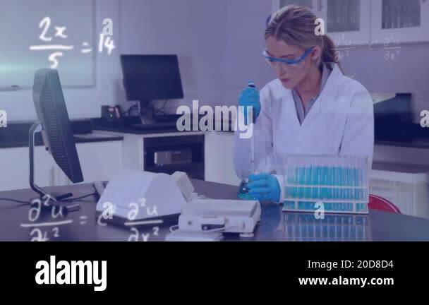 Animation of mathematical equations over caucasian female scientist ...