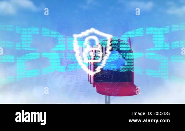 Cybersecurity shield animation over red airplane with binary code. technology, digital ...