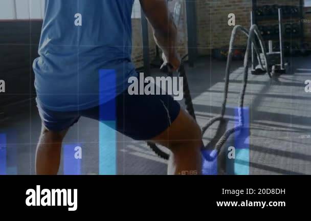 Exercise data analysis animation over person using battle ropes in gym ...