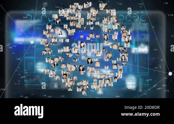 Network of profile pictures and data processing animation over digital interface. Technology ...