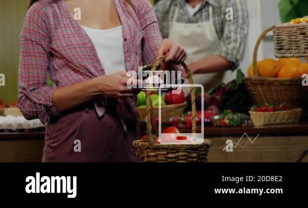 Shopping for groceries, woman holding basket and scanning product, data ...