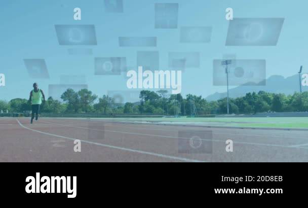 Running on track, athlete with data processing animation over blue sky ...