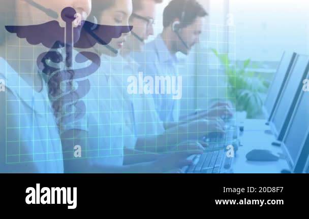 Medical symbol and grid animation over call center employees working on ...