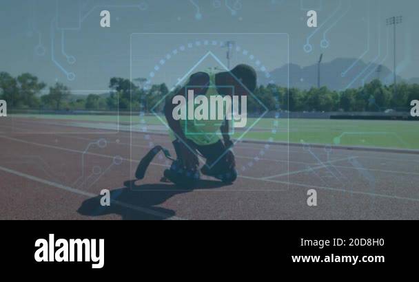 Athlete on track with digital interface animation over circuit board ...