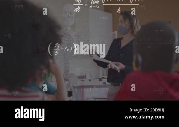 Animation of maths text and mathematical equations over schoolchildren ...