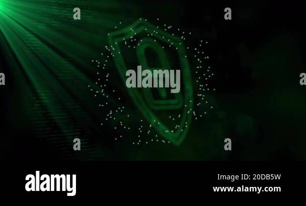 Green padlock and shield, cybersecurity animation over dark digital ...
