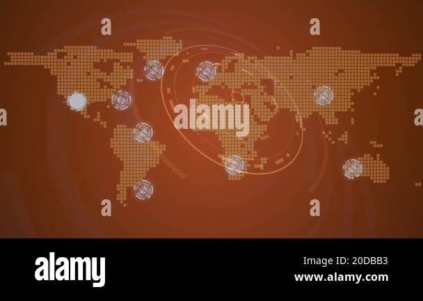 Global network connections and data processing animation over world map. Technology ...
