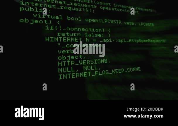 Green code lines and mathematical formulas animation over dark background. Programming, coding ...