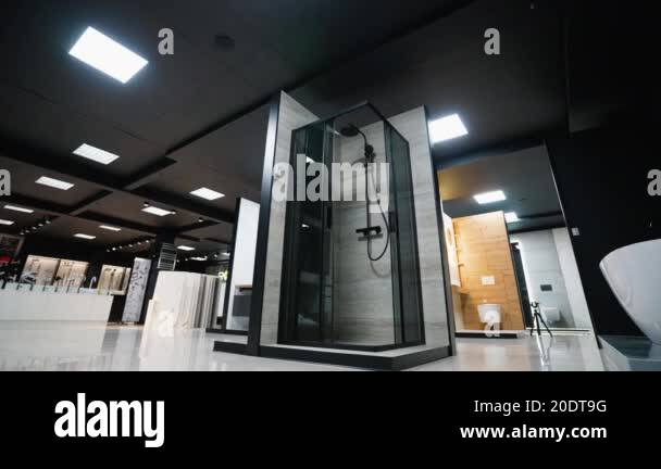 Explore a premium bathroom showroom featuring a sleek shower cabin with ...