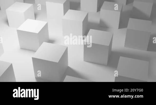many white cubes move forward rotating on their edges on a white plane ...