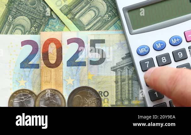 2025 in the eurozone. Euro banknotes arranged in the symbol of 2025 ...