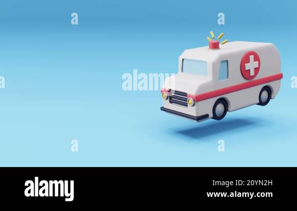 Minimalist 3d animation of a white ambulance car isolated on a blue ...