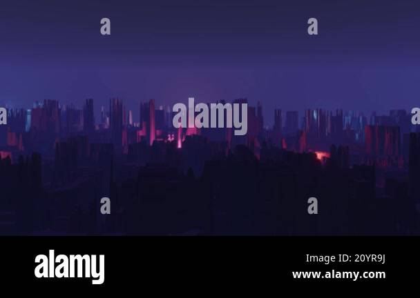 Abstract blue and purple town silhouette with fog. Fly above buildings ...