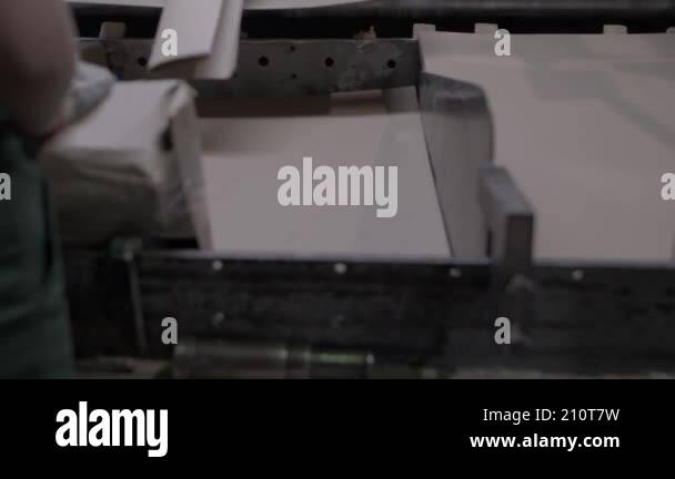 Leveling of cut cardboard sheets on machine at plant. Rolls act on ...