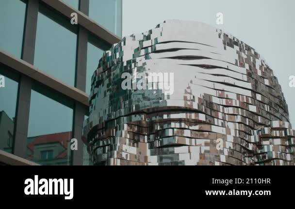 Rotating head of Franc Kafka, art installation in Prague. Metal ...