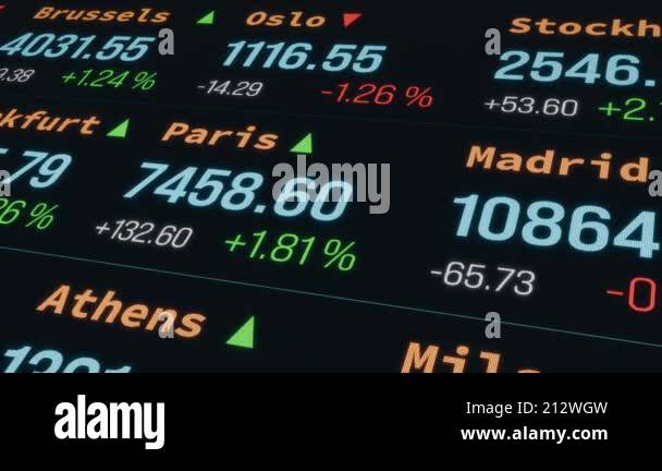 Ticker tape with prices, stock market and exchange, markets moving up and down, Paris, Frankfurt ...
