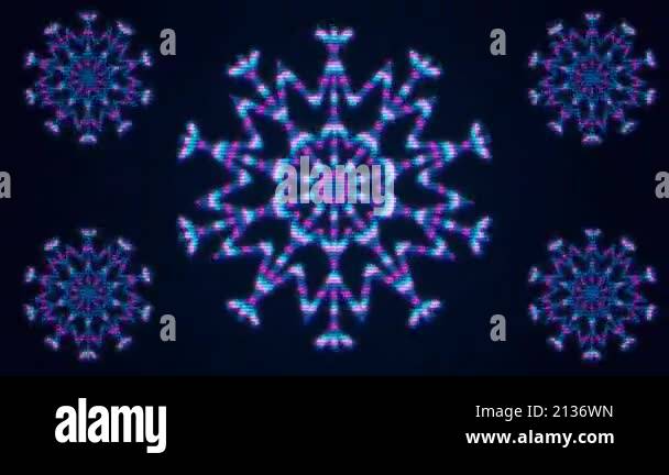 Bright neon snowflakes in the style of VHS or pixel screen, VJ ...