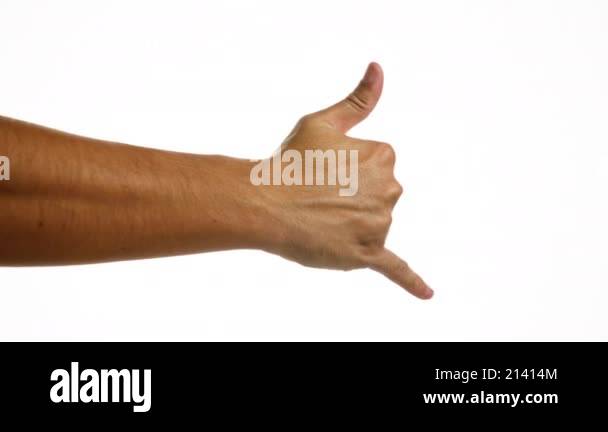 Man's hand making a shaka sign is shown isolated against a white ...