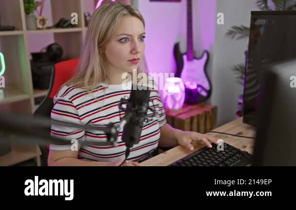 Furious blonde streamer yelling loud in gaming room, wave of stress ...