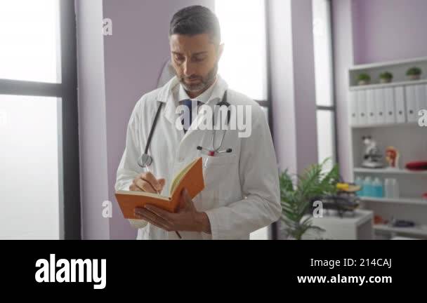 Man doctor writing in notebook in hospital room with stethoscope ...