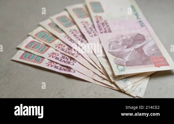 Egyptian banknotes arranged on a grey concrete surface, showcasing ten ...