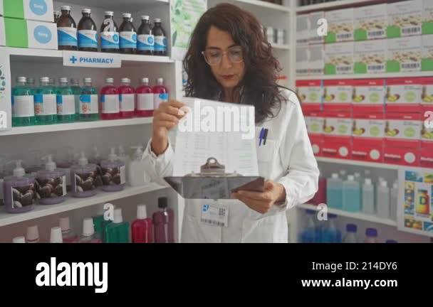 A middle-aged female pharmacist reviews a clipboard amidst shelves of ...