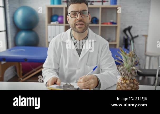 Handsome hispanic male physiotherapist in white lab coat taking notes ...