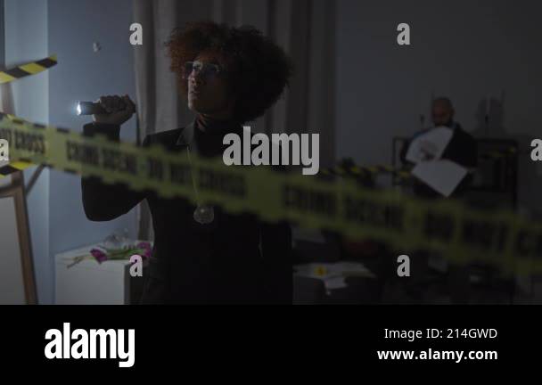 A woman detective with a flashlight investigates a dimly lit crime ...