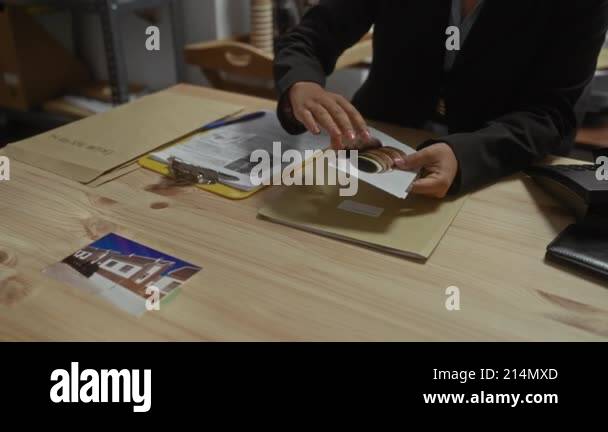 Two women analyzing evidence in a police station with magnifying glass ...
