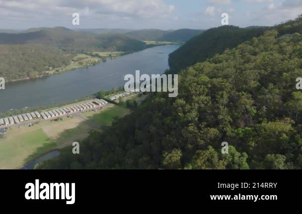 Drone aerial footage pulling back from the Hawkesbury River and Koveda ...