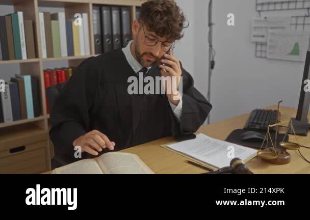 Young man judge in office talking on phone, reading book with scales ...