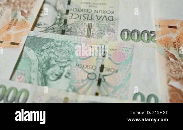 Czech banknotes in various denominations, depicting detailed portraits ...