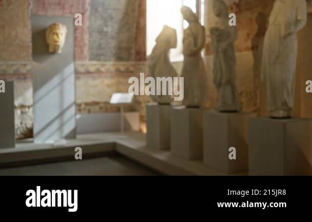 Roman statues and bust displayed in an indoor museum with blurred focus ...