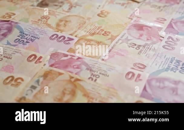 Turkish lira banknotes spread out showing various denominations ...