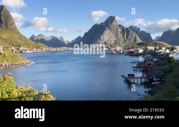 Reinebringen and reine in lofoten islands, norway, on a sunny, summer ...