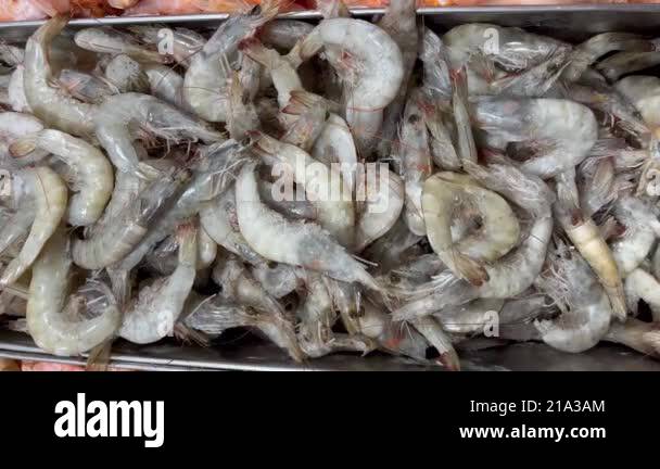 Lots of frozen shrimp in a metal tray. Seafood sales. Seafood in the ...