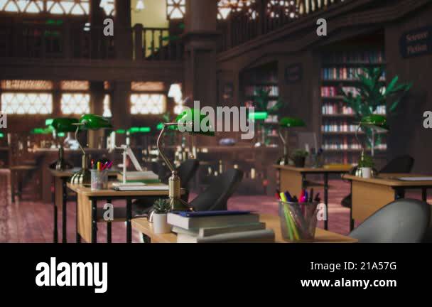 Peaceful empty library featuring wooden shelves and vintage green lamps ...
