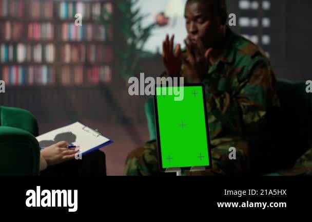 Counseling session for a army war soldier with isolated copy space ...
