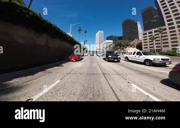 Los Angeles Downtown Freeway 110 South to 10 West 07 Rear View Driving ...
